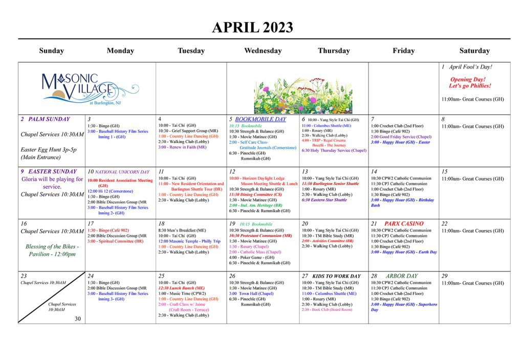 Monthly Event Calendar – Masonic Village at Burlington