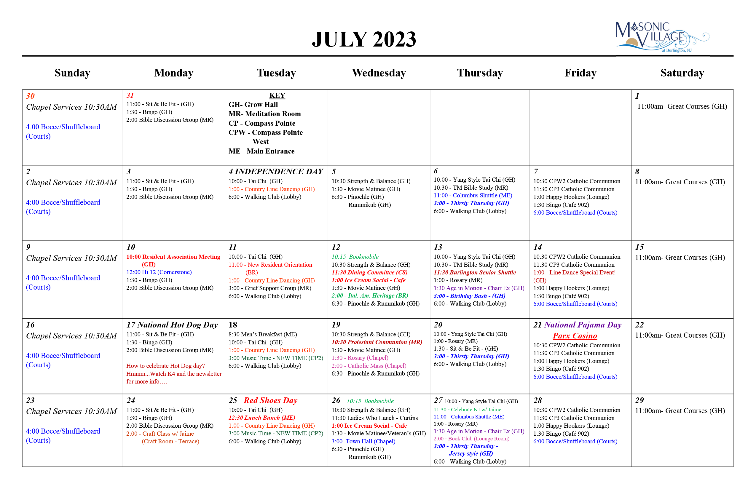 Monthly Event Calendar – Masonic Village at Burlington